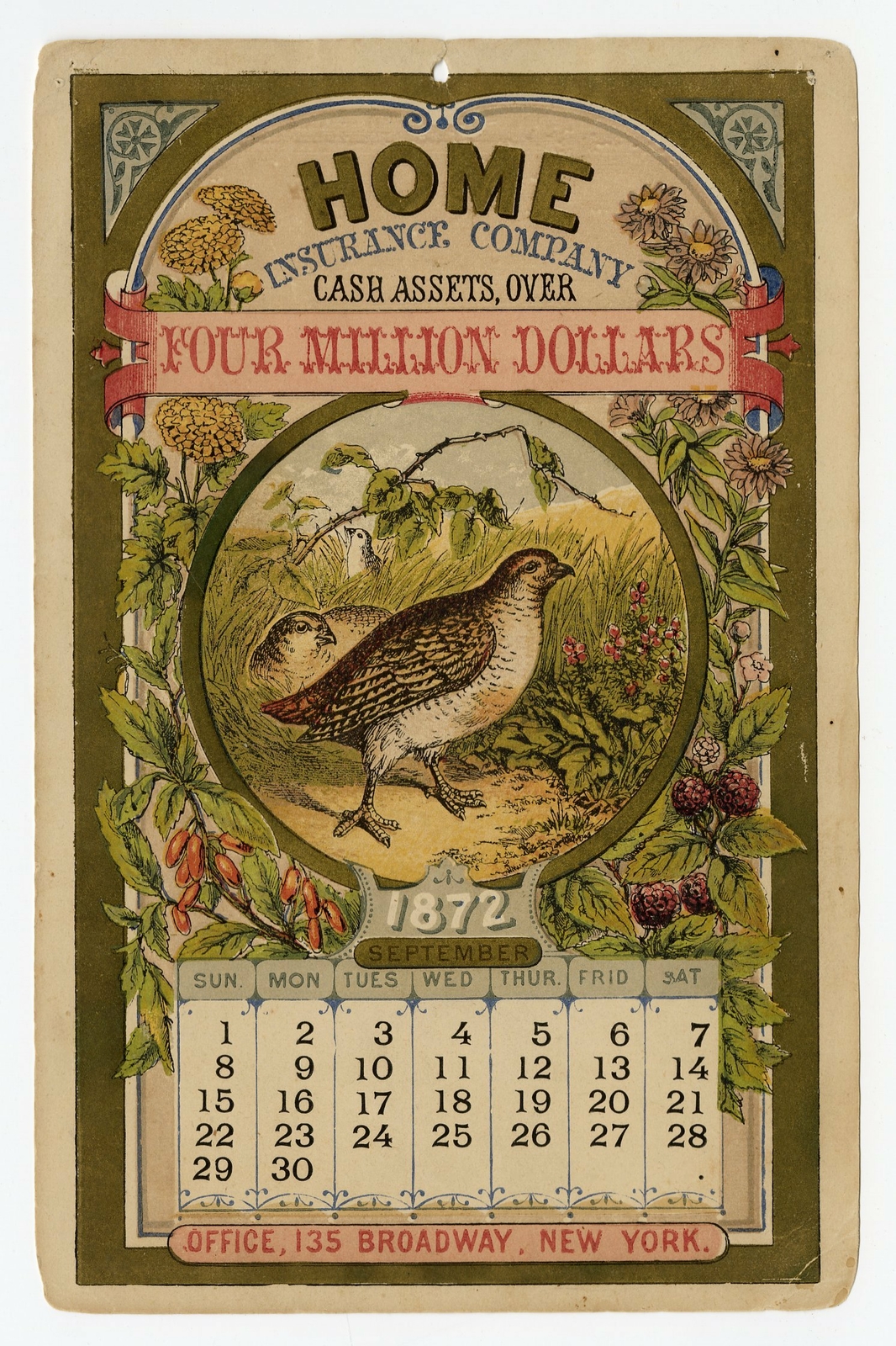 1872 Antique Victorian HOME INSURANCE CO. Promotional 12 Month CALENDAR ...