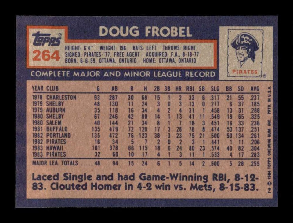 1984 Topps Doug Frobel #264 Rookie RC Pittsburgh Pirates | eBay