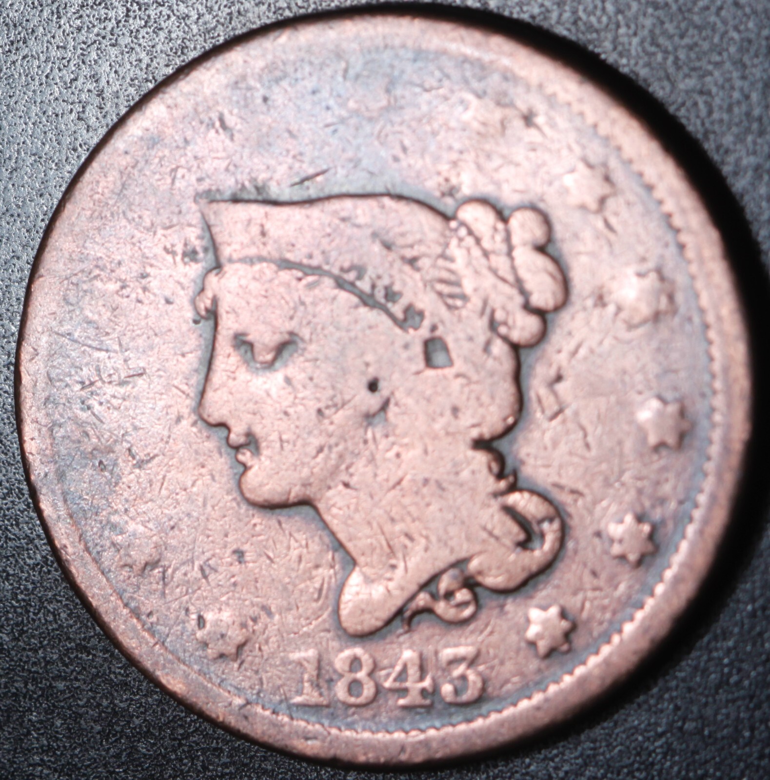 1843 BRAIDED HAIR HEAD LARGE CENT - OBV. of 1842 & REV. of 1844 *N-4 ...