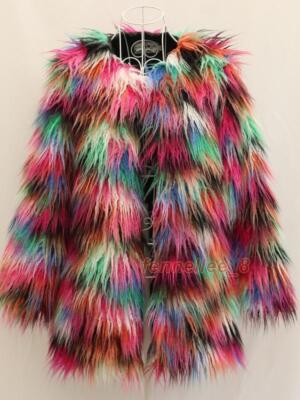 Women's Winter Round Neck Multi-color Faux Fur Coat Furry Overcoats ...