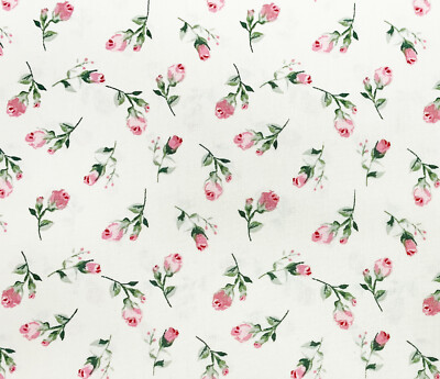 100% Cotton Fabric - Pretty Pink Rose Bud Floral on Ivory - Craft ...