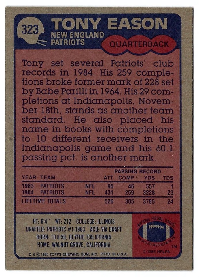 1985 Topps #323 Tony Eason Rookie New England Patriots | eBay