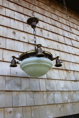 Antique Brass Pan Light 4 Arms Ceiling Fixture Chandelier Large Shade ...