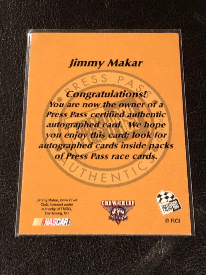 Press Pass JIMMY MAKAR Crew Chief Club auto/autograph rare | eBay