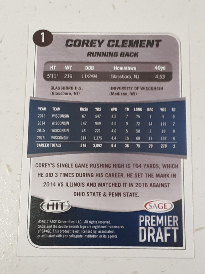 Corey Clement Wisconsin Badgers Philadelphia Eagles 2017 Sage Hit Red ...