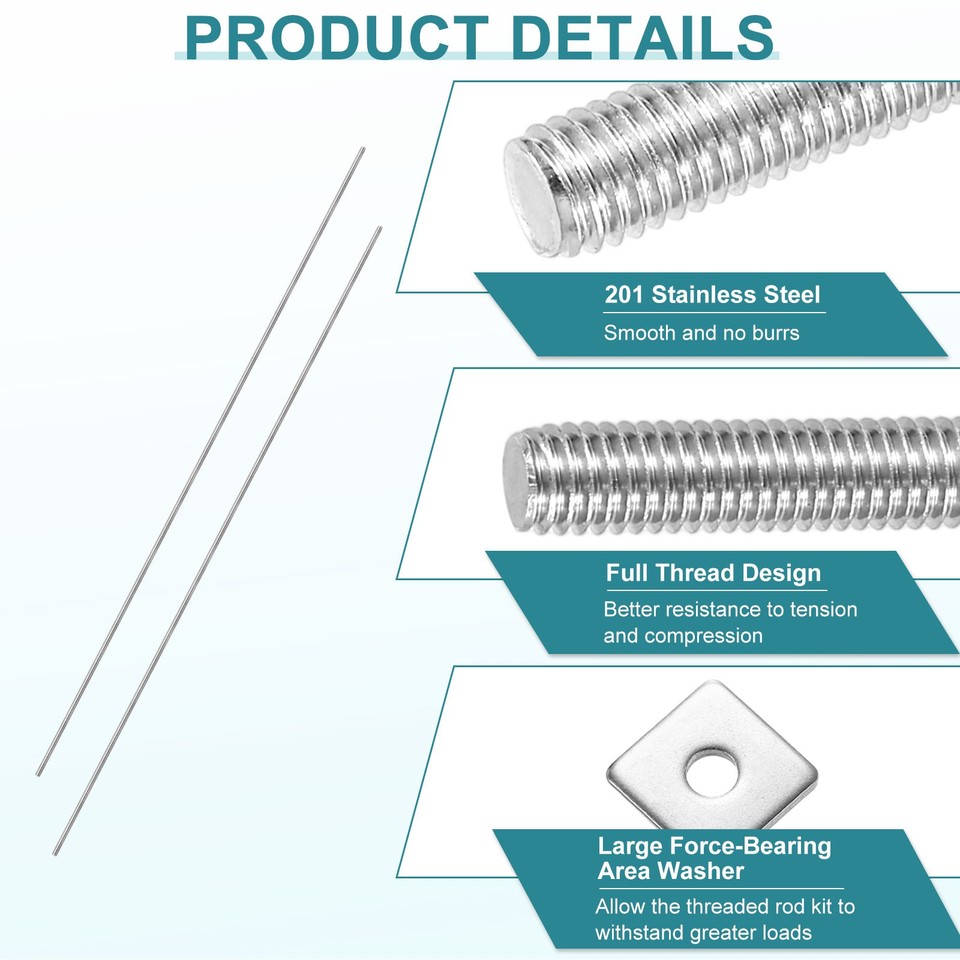 4Pcs Fully Threaded Rod, M3 x 500mm 201 Stainless Steel with Nuts ...