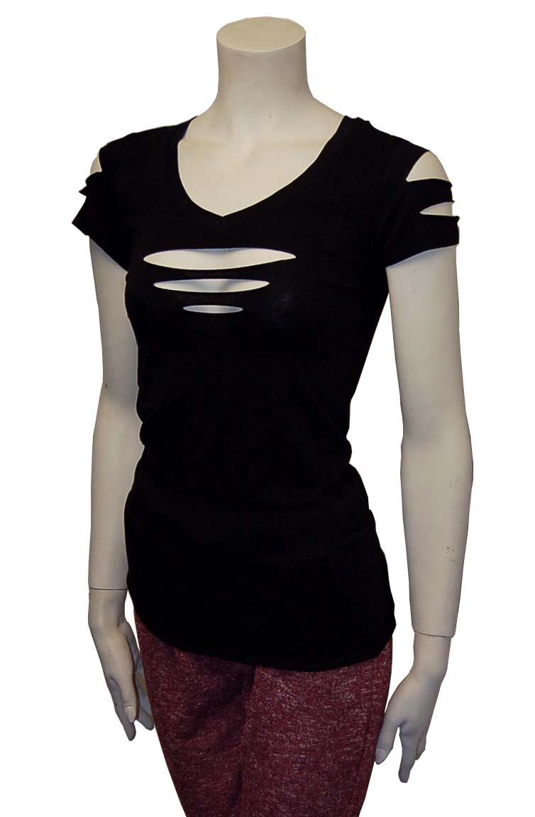 Cute Cut Out Ripped Arms & Front Short Sleeve Shirt Stretch Black SML ...