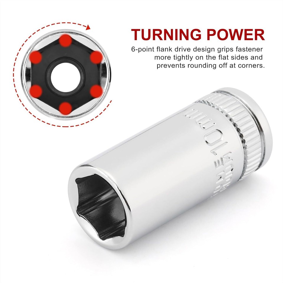 13PCS 1/4"Drive Mid-Length Socket Set, 6-Point Mirror Chrome Metric 4mm ...