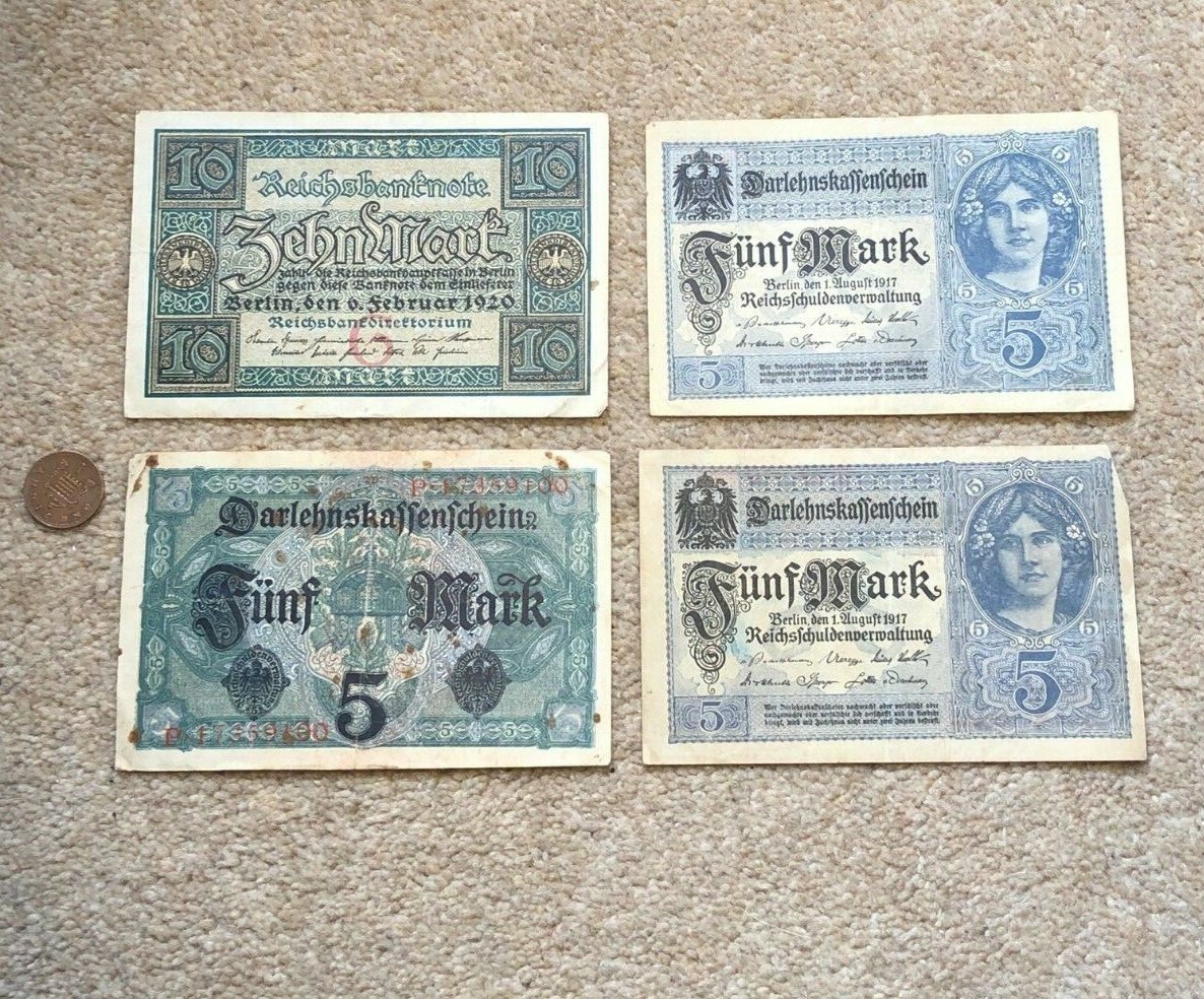 3 x 1917 Funfmark and 1 x 1920 Zehnmark German Banknotes Circulated | eBay