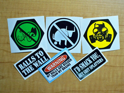 6-pk Funny Hard Hat Stickers | Bag Licker BS Gasmask Balls to Wall ...