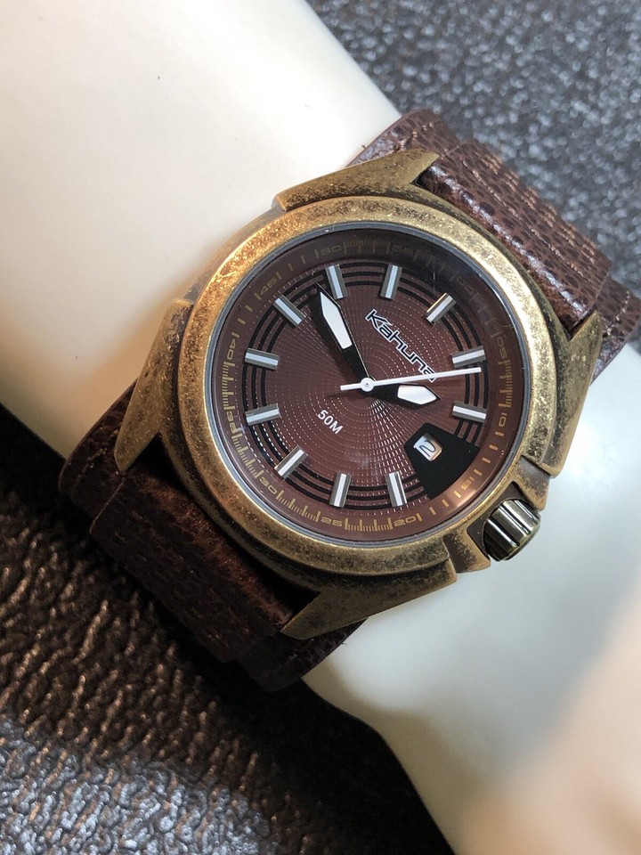 Kahuna Men’s WR50M Watch Retro Style Leather Cuff Band Bronze Patina ...