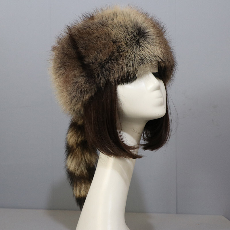 Mens Women's Coonskin Cap Faux Fur Cossak Russian Style Hat Coon Tail ...