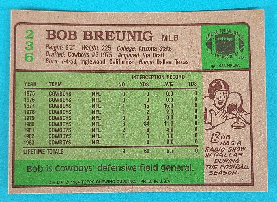 1984 Topps #236 Bob Breunig Dallas Cowboys FOOTBALL Card C8 | eBay