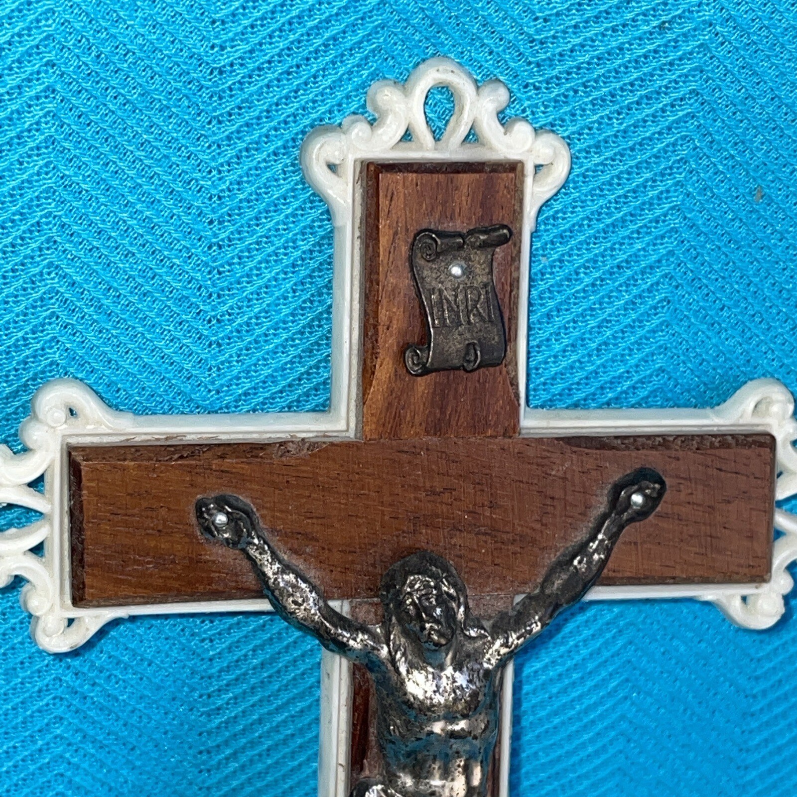 Antique Italy Lace Crucifix JESUS On CROSS INRI Pewter Wood Wall Art 7 ...