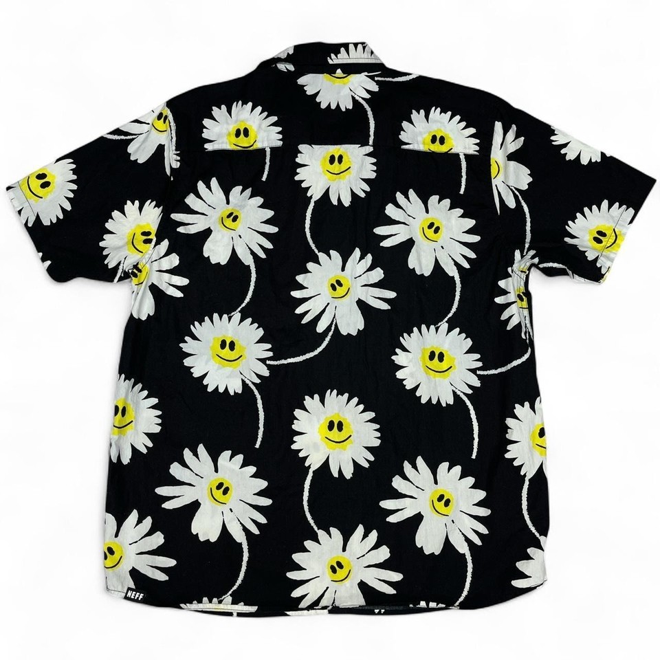 NEFF Smiley Face Flower Print Button Up Shirt Men XL Black Multi ...