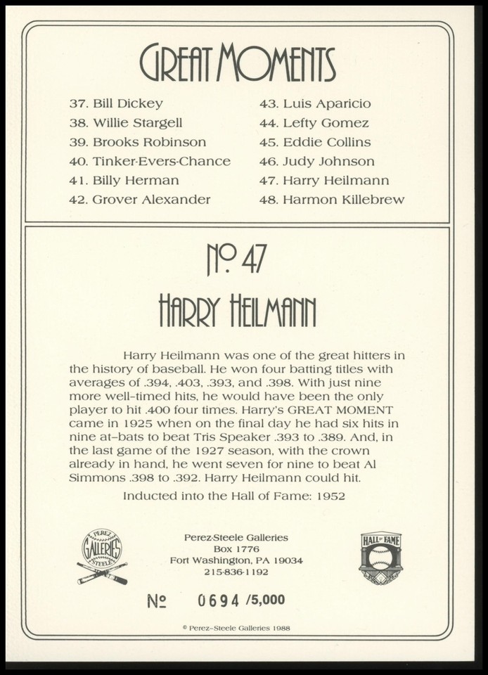 Harry Heilmann #47 1988 Perez Steele Galleries #0694/5000 | eBay