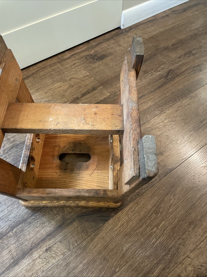 Vtg MCM SQ BELL SYSTEM Work STEP Stool HEAVY Oak Telephone Lineman LOGO ...