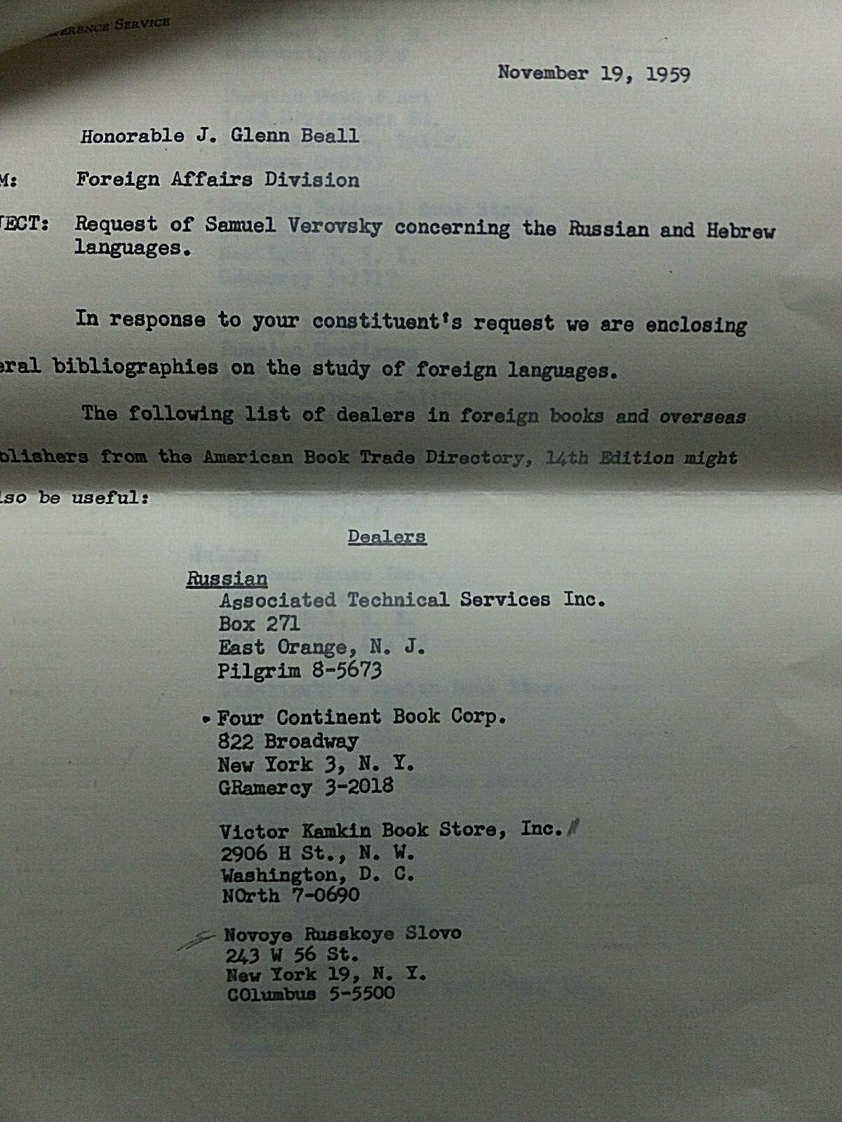 1959 Signed Transmittal Letter, U.S. Senate Letterhead. J. Glenn Beall ...