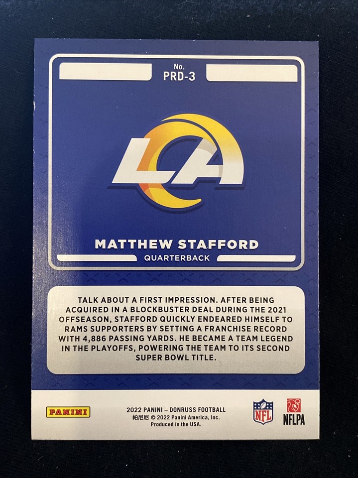 2022 Donruss Football Production Line Matthew Stafford PRD-3 Los ...