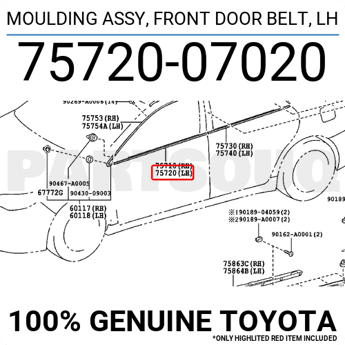 7572007020 Genuine Toyota MOULDING ASSY, FRONT DOOR BELT, LH 75720 ...