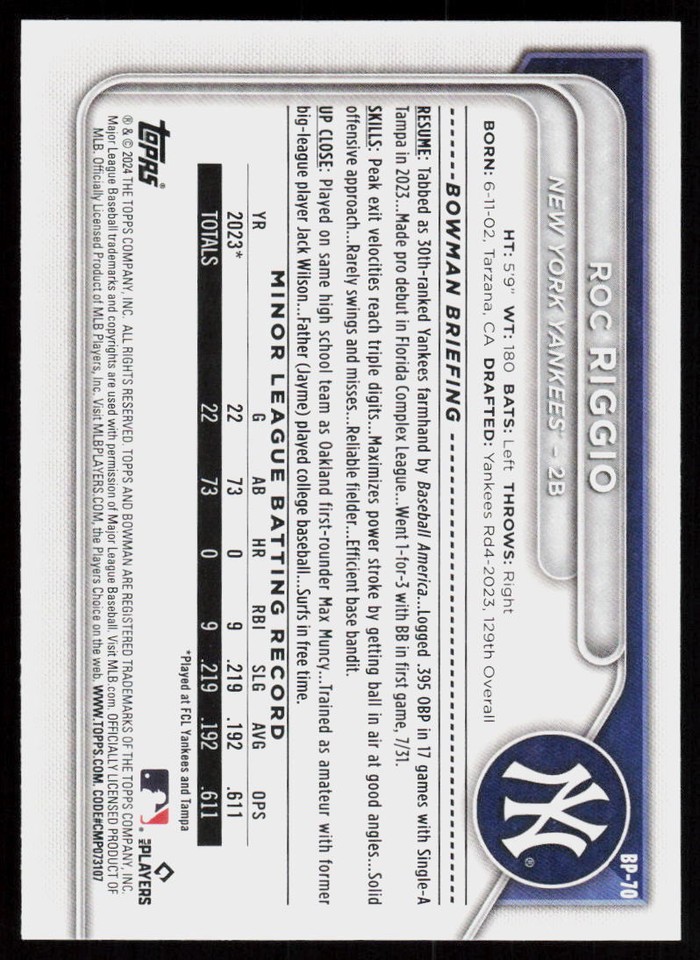 2024 Bowman Roc Riggio #BP-70 BASEBALL New York Yankees Prospects | eBay