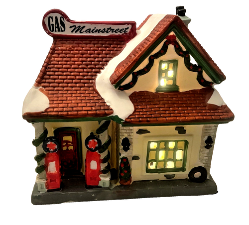 Lighted Christmas Village House GAS Station on Main Street Ceramic 6 ...