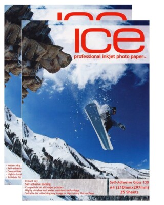 50 Ice 130gsm Glossy Coated A4 Self Adhesive Inkjet Gloss Photo Paper ...