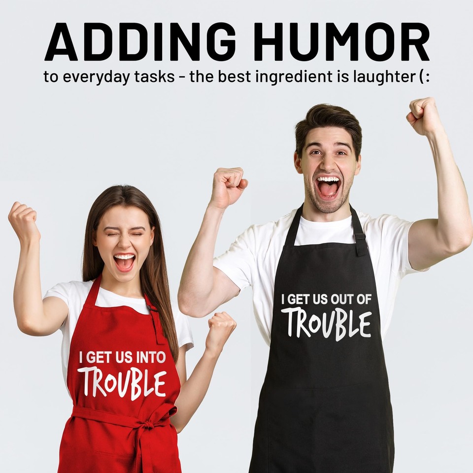 Funny Couple Aprons 2 Pack + Gift Bag — I Get Us Into Trouble I Get Us ...