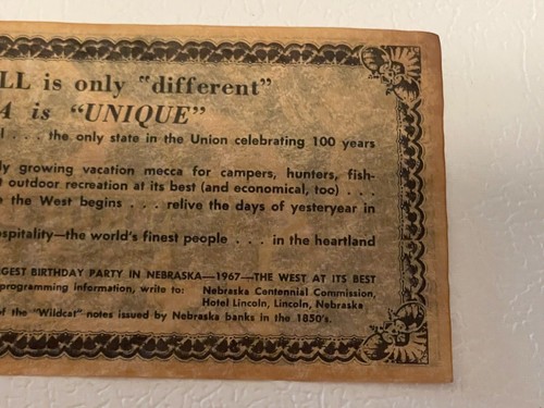 1967 Nebraska Bank of De Soto Wildcat Three Dollars Note Centennial ...