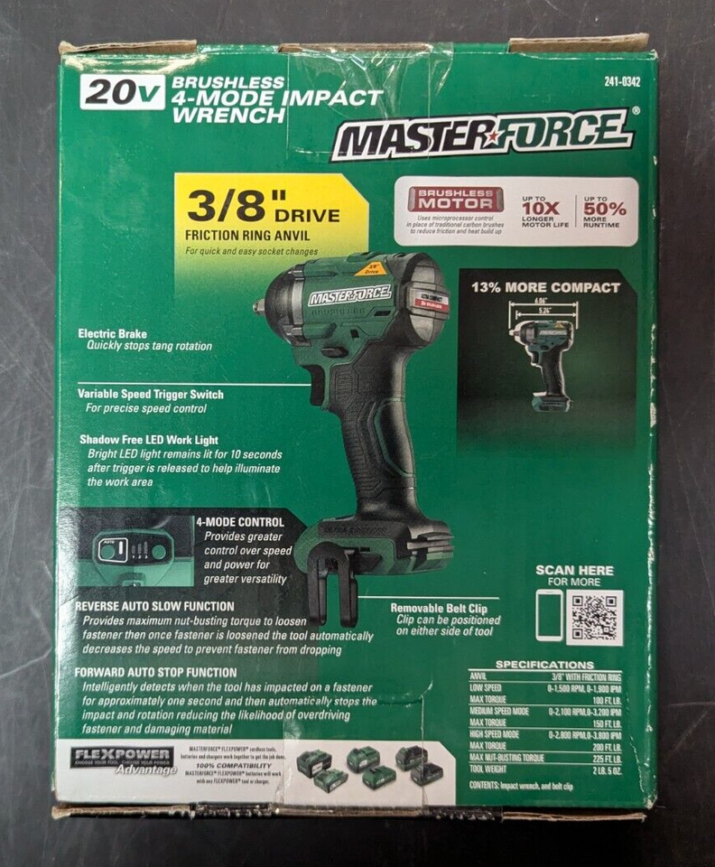 MasterForce 20V Li-Ion 3/8" 4-Mode Impact Wrench TOOL-ONLY 241-0342 ...