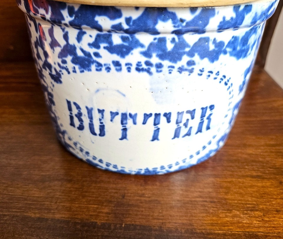 Large Antique 1800s Primitive Spongeware Butter Crock with Yellowware ...