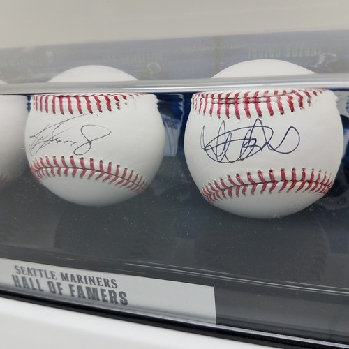 Set of 3 signed Seattle Mariners Hall of Famers baseballs in display ...