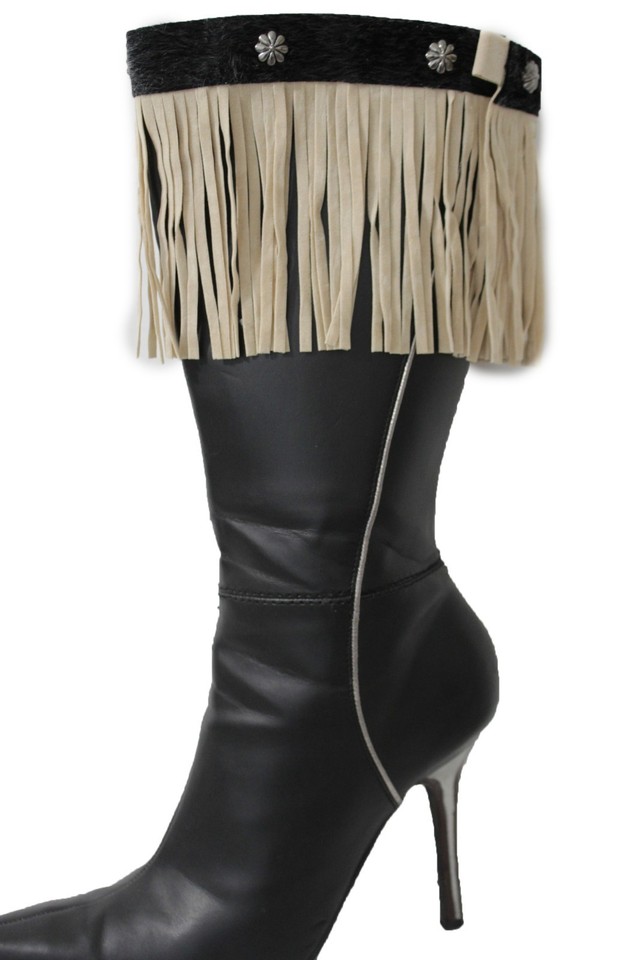 Women Beige Boot Toppers Faux Suede Leather Fringes Winter Flower Charm ...