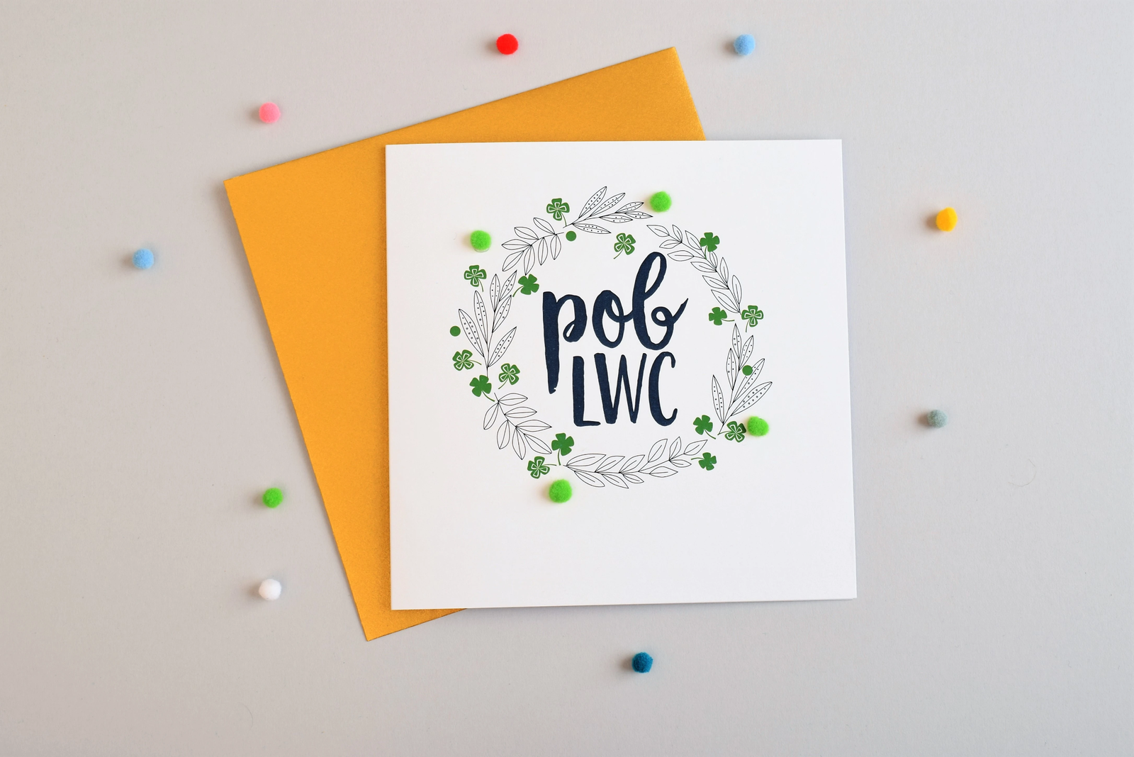 Welsh Good Luck Card, 4 leaf clover, Pompom Embellished | eBay