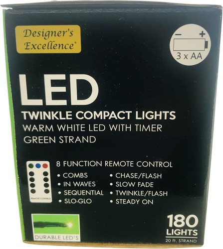 LED Twinkle Compact Lights 20Ft Warm White w Green Strand Battery ...