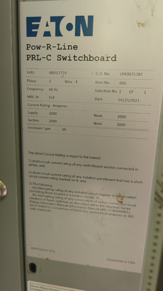 EATON PRL4 2000 AMP 480Y 277V 3PHASE 4WIRE NEMA 3R Panelboard ...