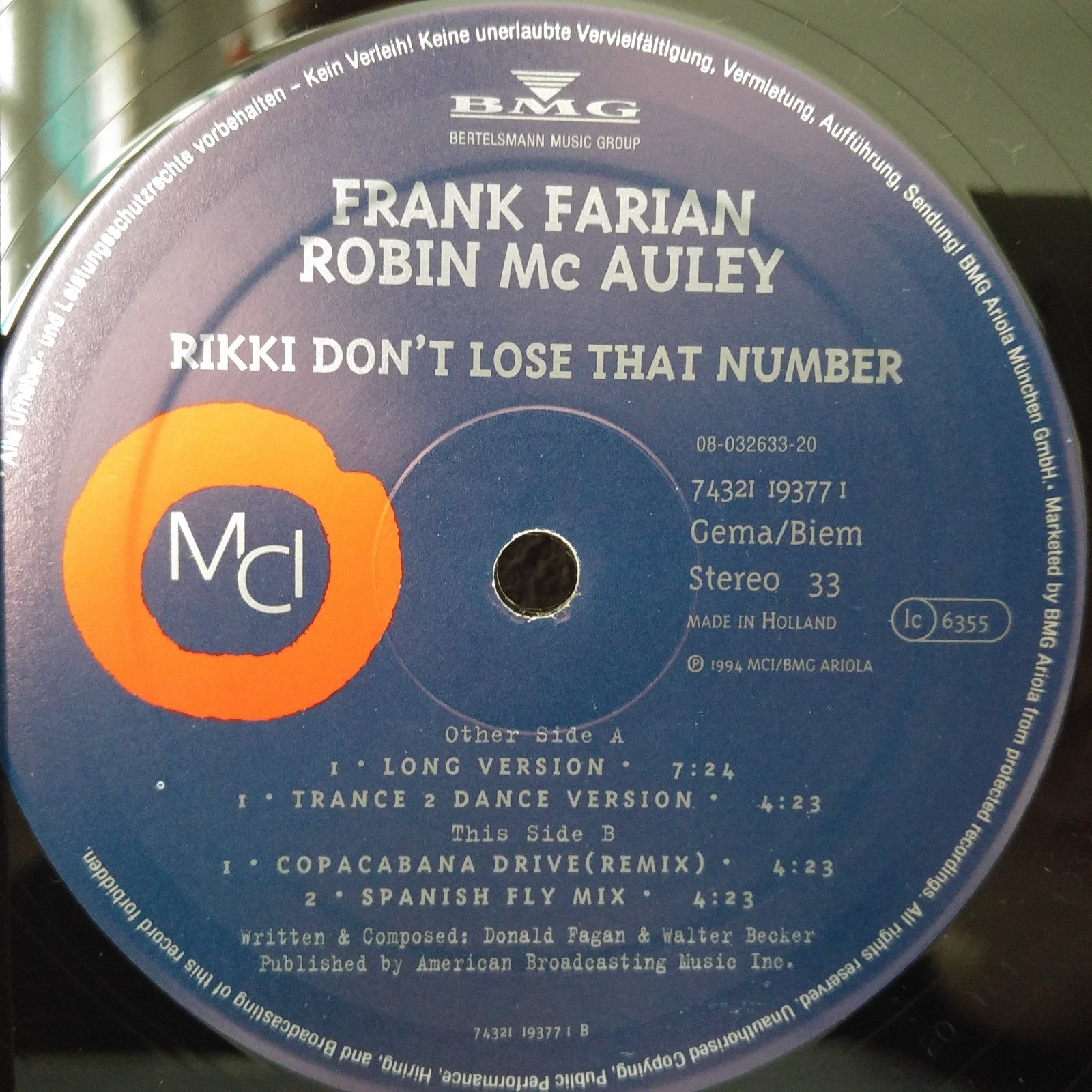 Farian / Mc Auley - Rikki Don't Lose That Number (Vinyl, 12", Maxi 33 ...