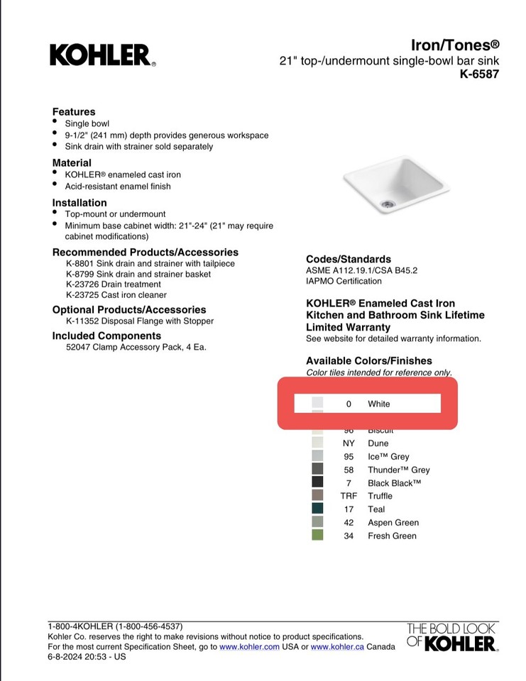 Kohler K-6587-0 Iron/Tones Self-Rimming Undercounter Kitchen Sink ...