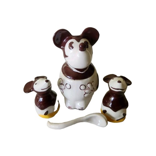 Disney MICKEY MOUSE MUSTARD Condiment JAR & Spoon & Salt Pepper SHAKER ...