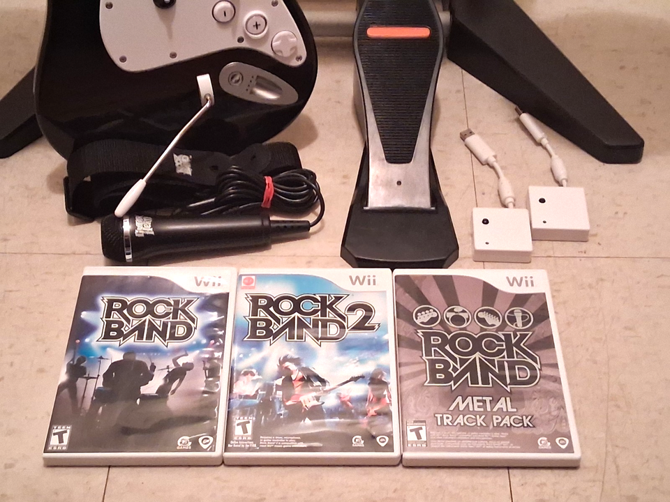 Wii Rock Band Bundle Set - Wireless Drums, Guitar W/ Dongles, Mic ...