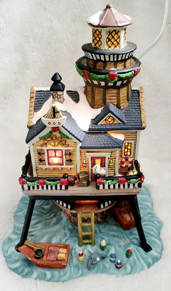 Ocean Water Cove Cabin Village Lighthouse Light Up Lemax Style Ceramic ...