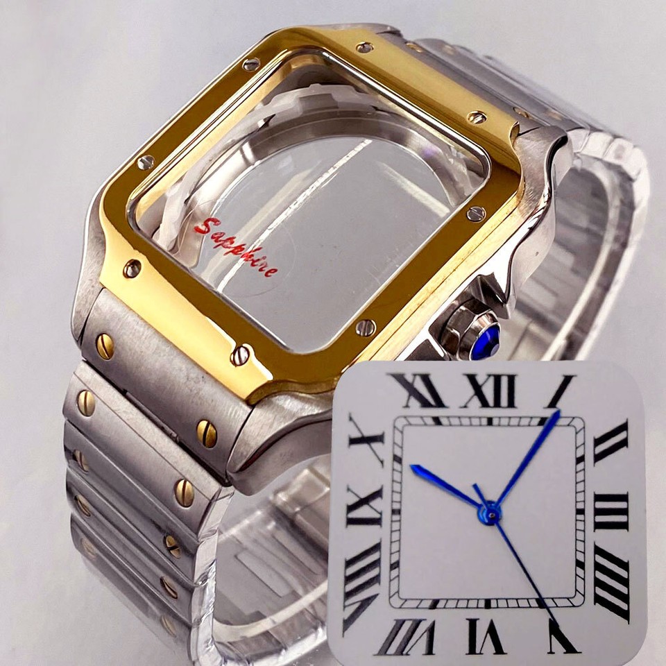 42mm Silver Gold Square Watch Case 27mm Dial White Blue Black fit NH35 ...