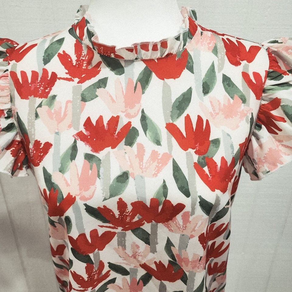 Shein Blouse Top Sz Small Flutter Sleeve Pullover Floral Keyhole Button ...