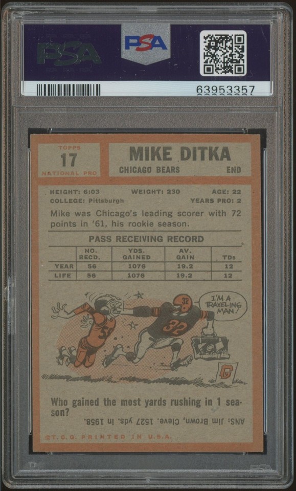 1962 Topps Football #17 Mike Ditka Chicago Bears RC Rookie HOF PSA 7 NM ...