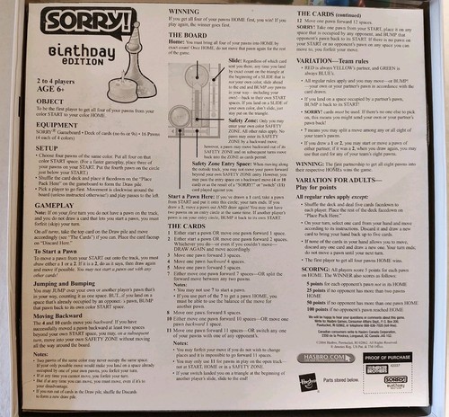 Sorry Birthday Edition Board Game 70th Anniversary 2004 Parker Bros ...
