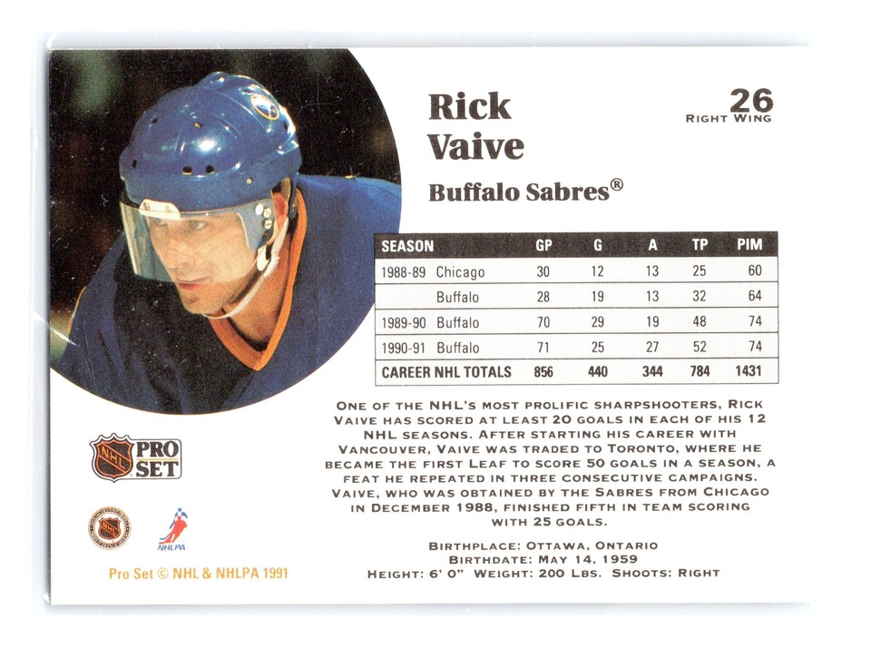 1991 Pro Set Hockey #26 Rick Vaive Buffalo Sabres | eBay