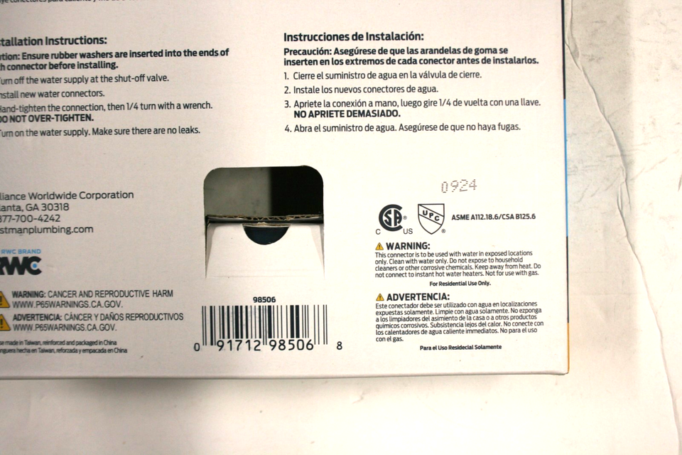 Eastman Stainless Steel 6' Washing Machine Connectors Hot & Cold 2 Pack ...