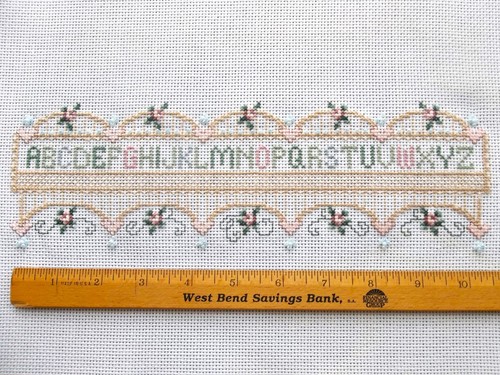 Finished Completed Cross Stitch Alphabet Sampler ~ Flowers Beads Hearts ...