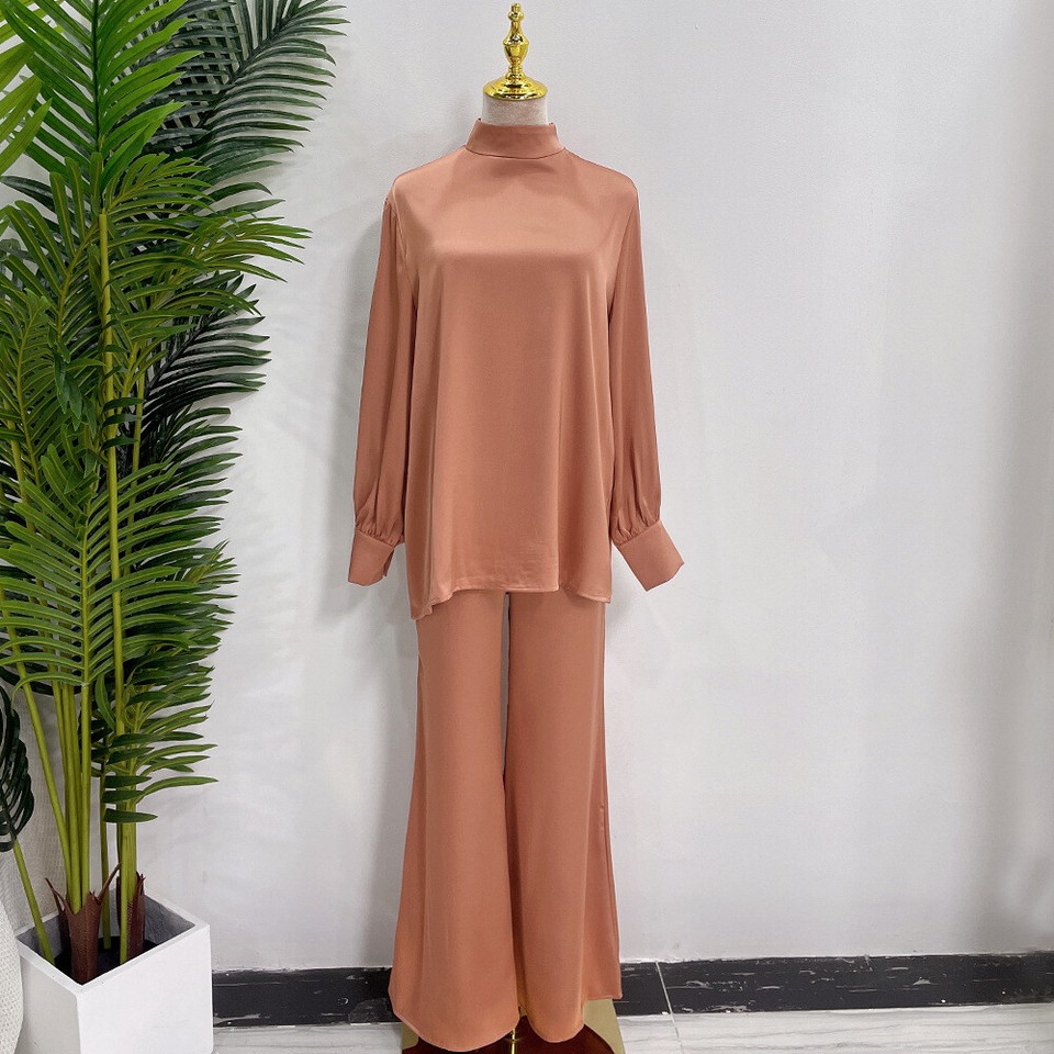 2 Piece Satin Sets Abaya Muslim Women Tops Wide Leg Pants Islamic ...