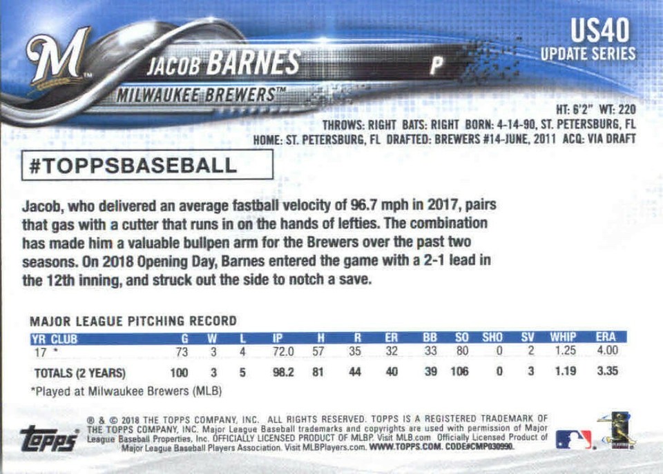 2018 Topps Update #US40 Jacob Barnes Milwaukee Brewers Rookie Card | eBay